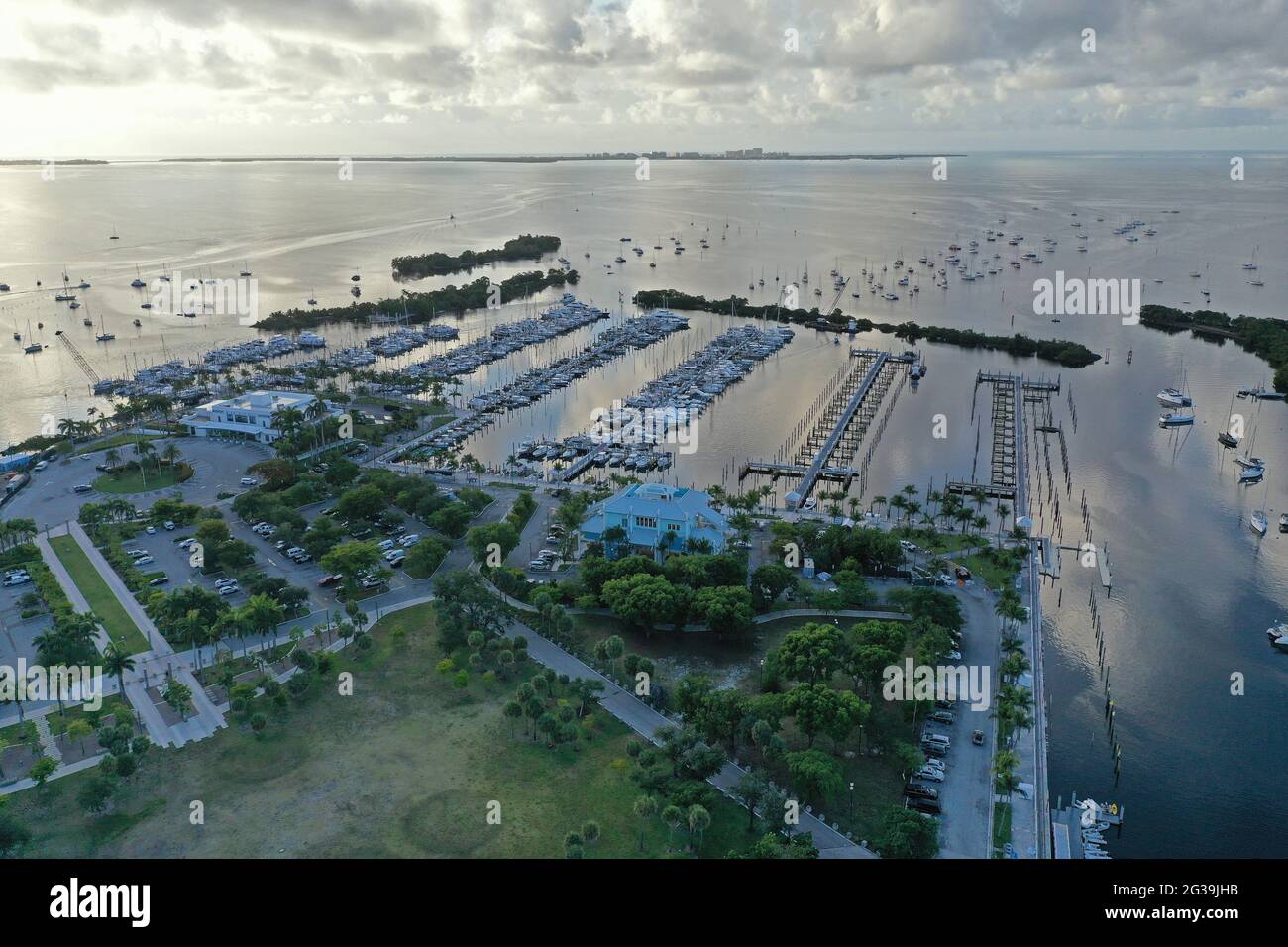 Aerial view of Dinner Key Marina and anchorage in Coconut Grove, Miami ...