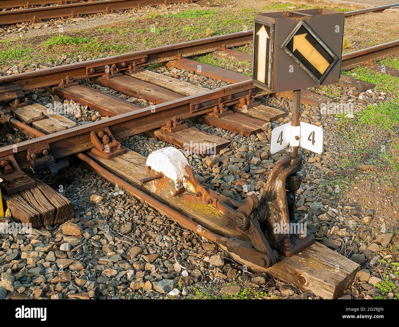 Old hand lever switch. Railway in the background. Photo with autumn ...