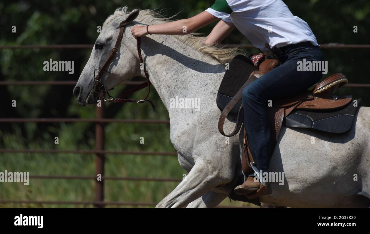 A horseback rider races across an arena during a county fair Stock ...