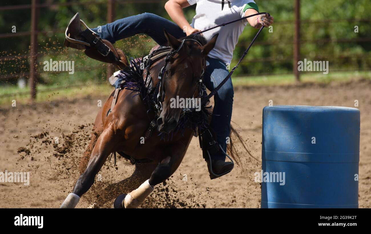 A horseback rider races across an arena during a county fair Stock ...
