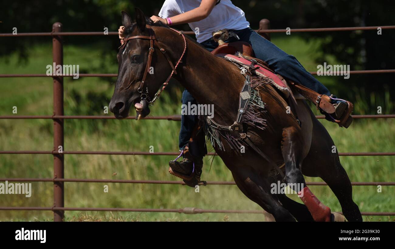 A horseback rider races across an arena during a county fair Stock ...