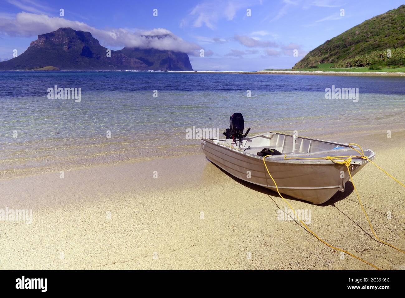 Tinnie on beach at North Bay, Lord Howe Island, NSW, Australia. No PR ...