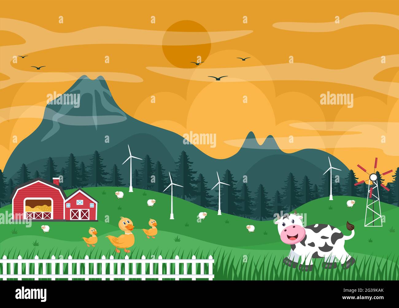 Cute Cartoon Farm Animals Vector Illustration With Cow, Horse, Chicken ...