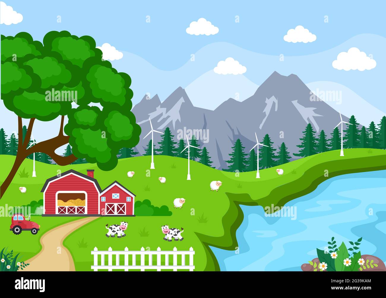 Cute Cartoon Farm Animals Vector Illustration With Cow, Horse, Chicken ...