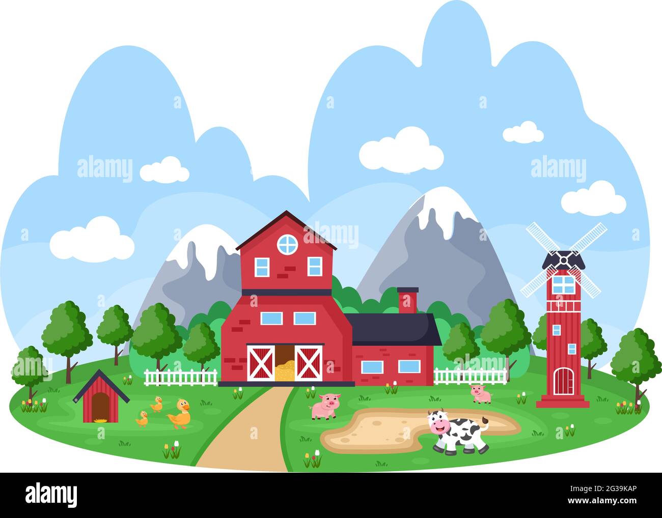 Cute Cartoon Farm Animals Vector Illustration With Cow, Horse, Chicken ...