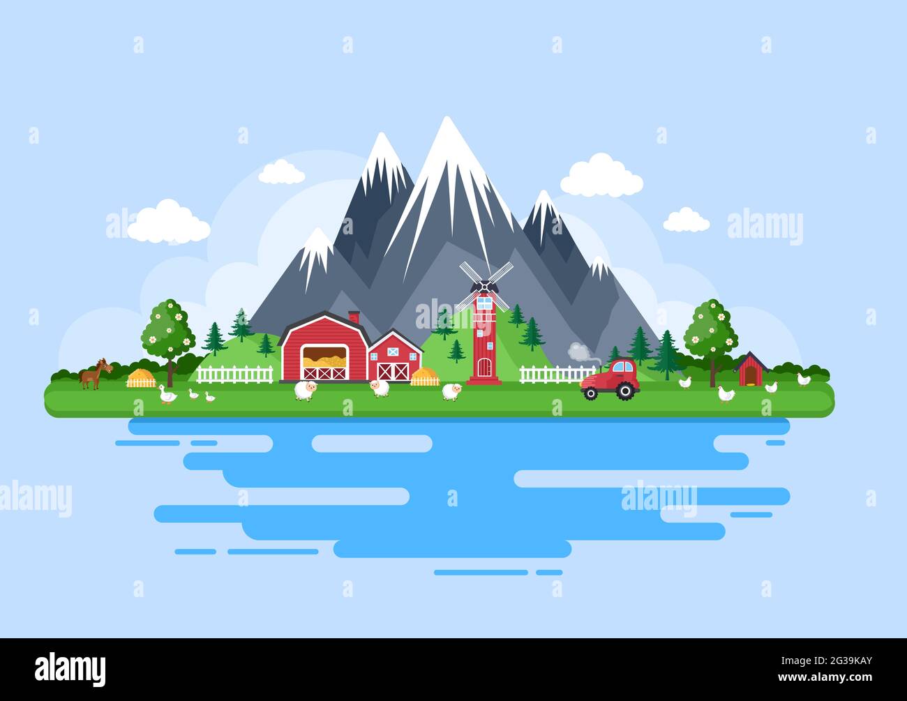 Cute Cartoon Farm Animals Vector Illustration With Cow, Horse, Chicken ...