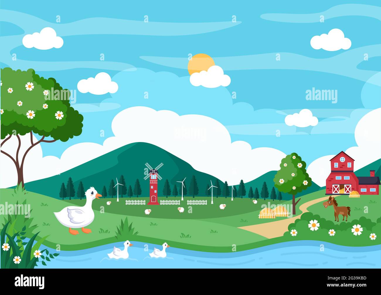 Cute Cartoon Farm Animals Vector Illustration With Cow, Horse, Chicken ...