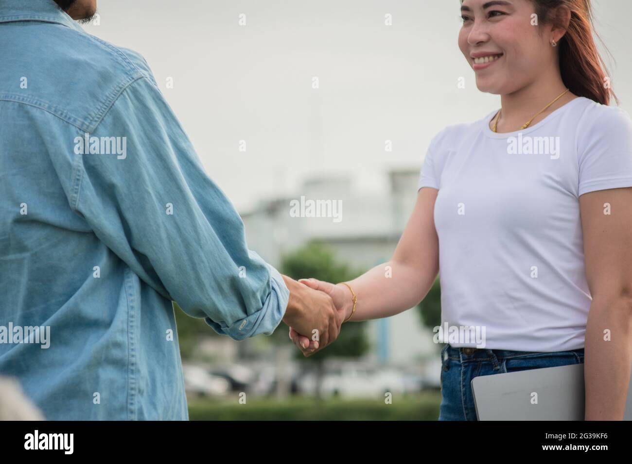 Two people shake hand friendship outdoor, Concept hand shake Stock ...