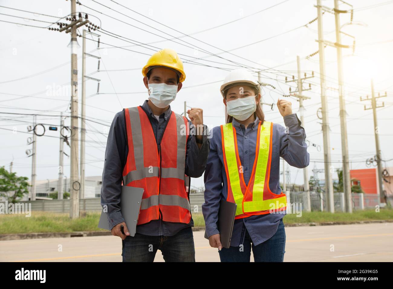 team of electrical engineers inspects the quality of the installation ...