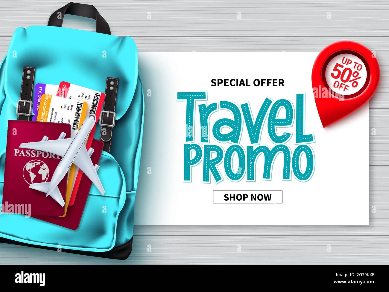 Travel sale vector banner design. Travel promo special offer text with ...