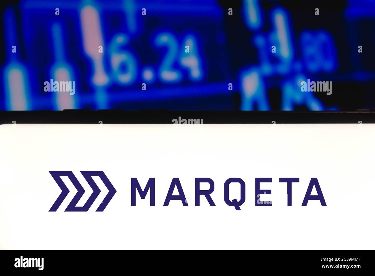 In this photo illustration a Marqeta logo seen displayed on a ...