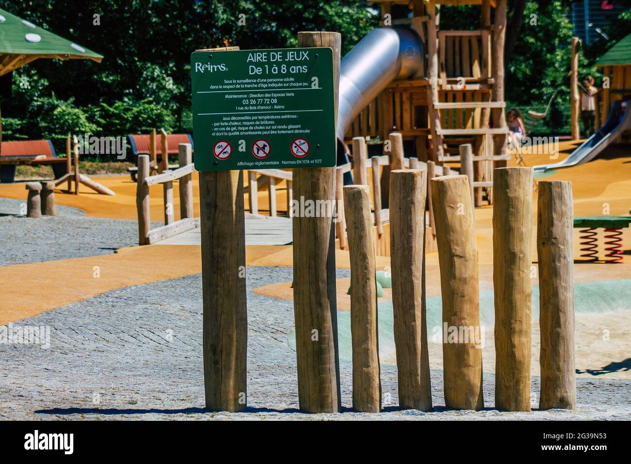 Reims France June 14, 2021 New wooden playground installed by the city ...