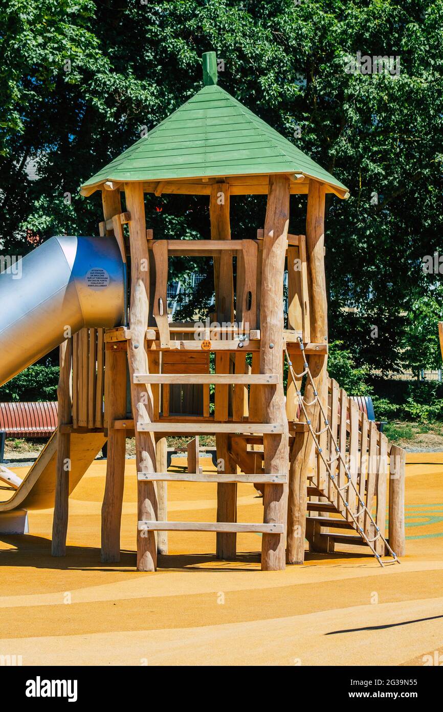 Reims France June 14, 2021 New wooden playground installed by the city ...