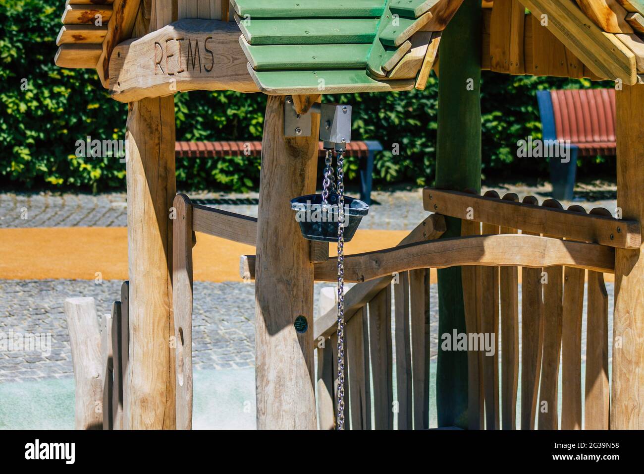 Reims France June 14, 2021 New wooden playground installed by the city ...