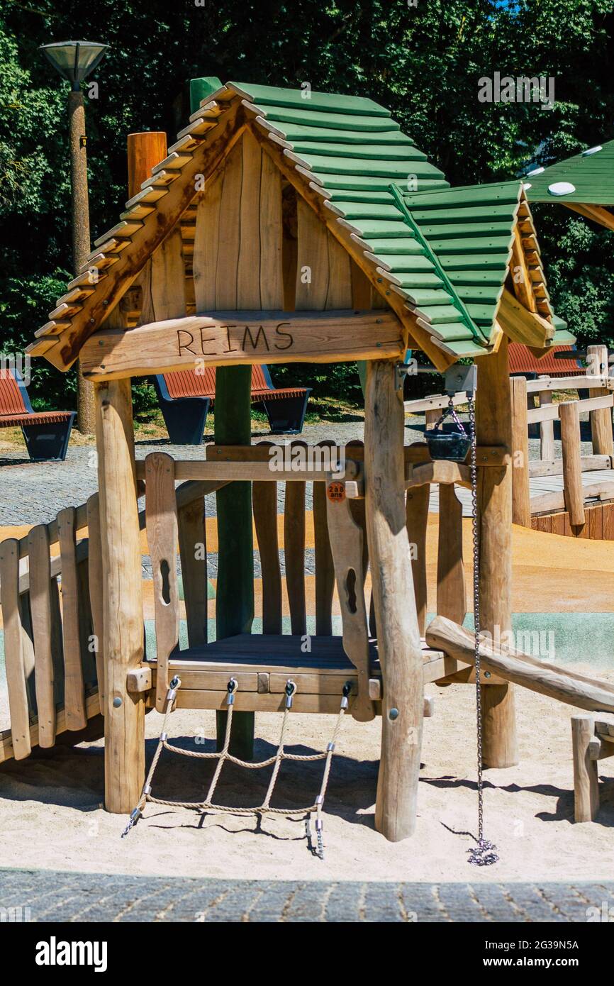 Reims France June 14, 2021 New wooden playground installed by the city ...