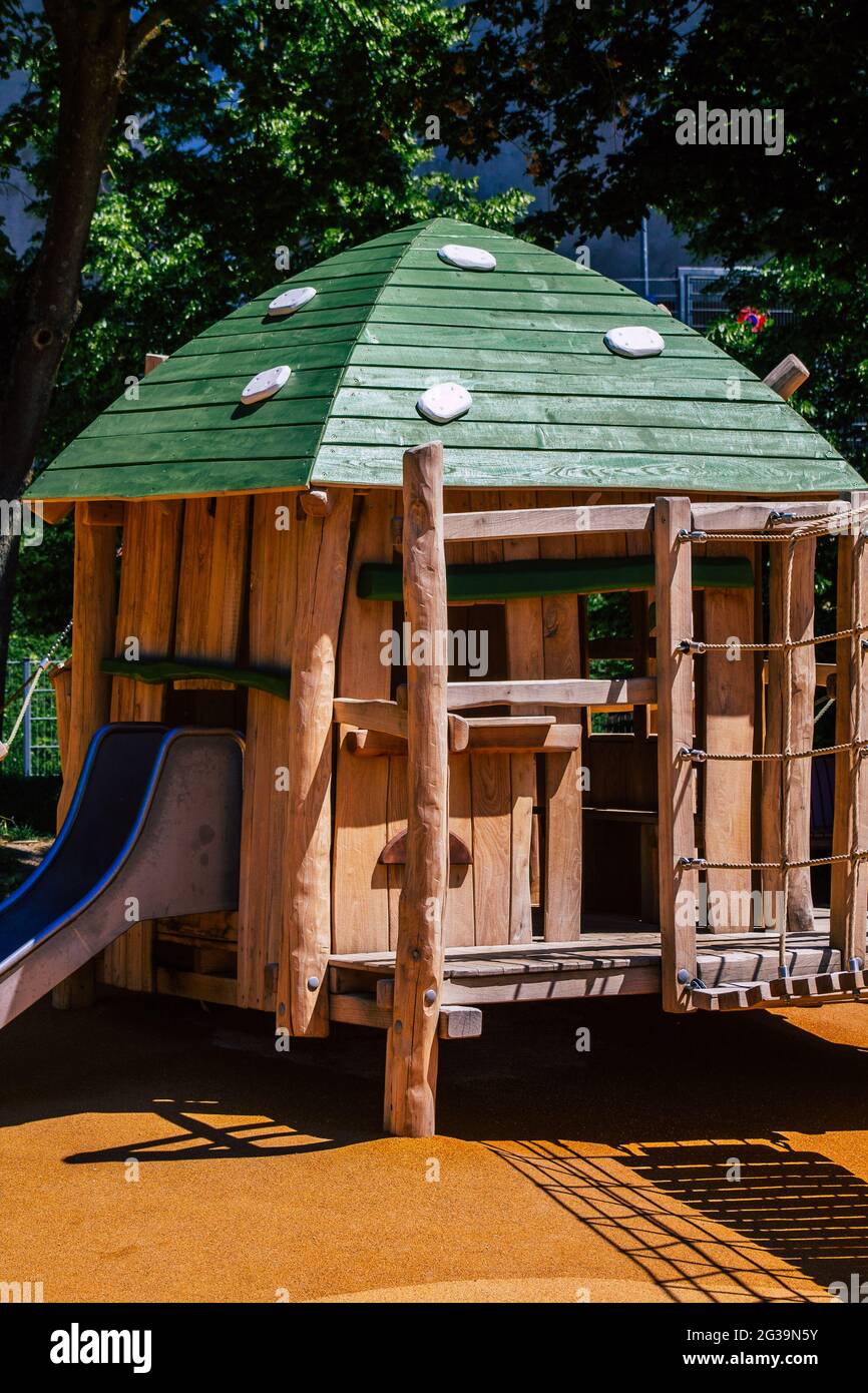 Reims France June 14, 2021 New wooden playground installed by the city ...