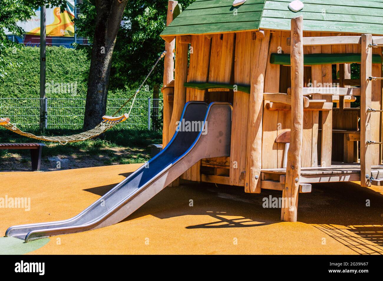 Reims France June 14, 2021 New wooden playground installed by the city ...