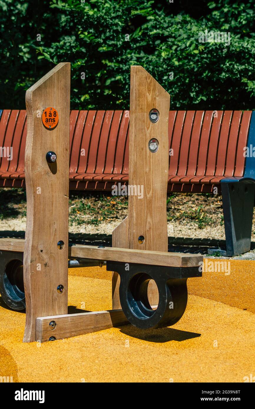 Reims France June 14, 2021 New wooden playground installed by the city ...