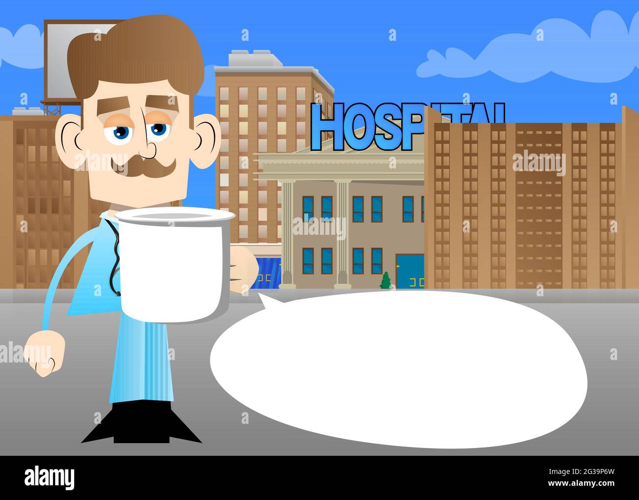 Funny cartoon doctor holding big mug. Vector illustration. Health care ...