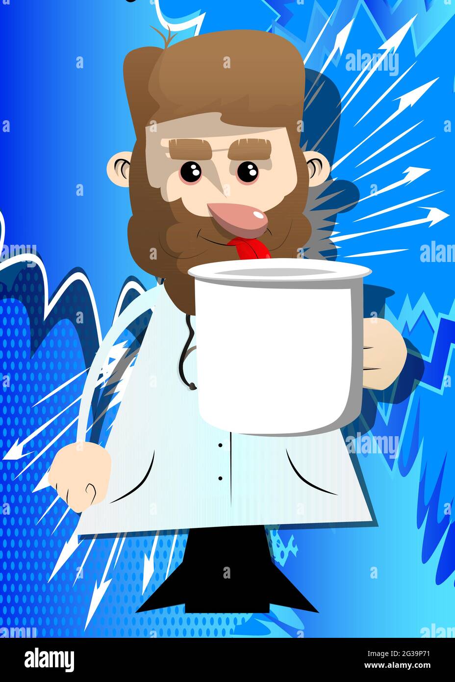 Funny cartoon doctor holding big mug. Vector illustration. Health care ...