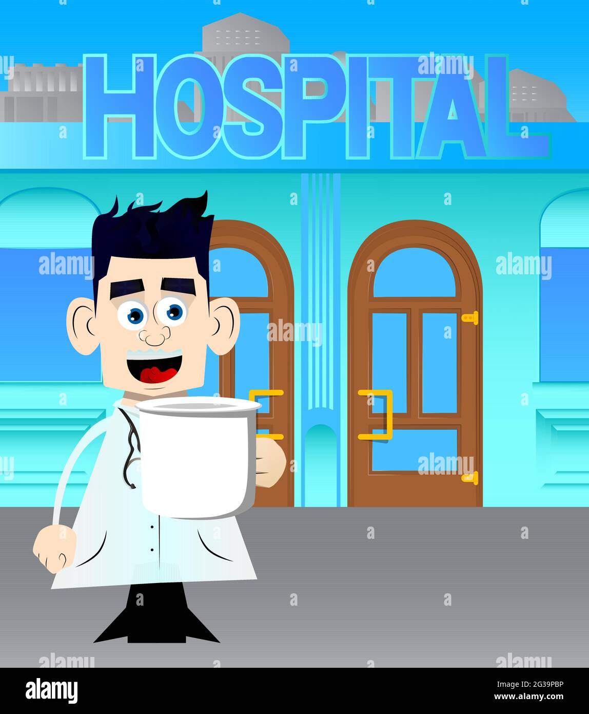 Funny cartoon doctor holding big mug. Vector illustration. Health care ...