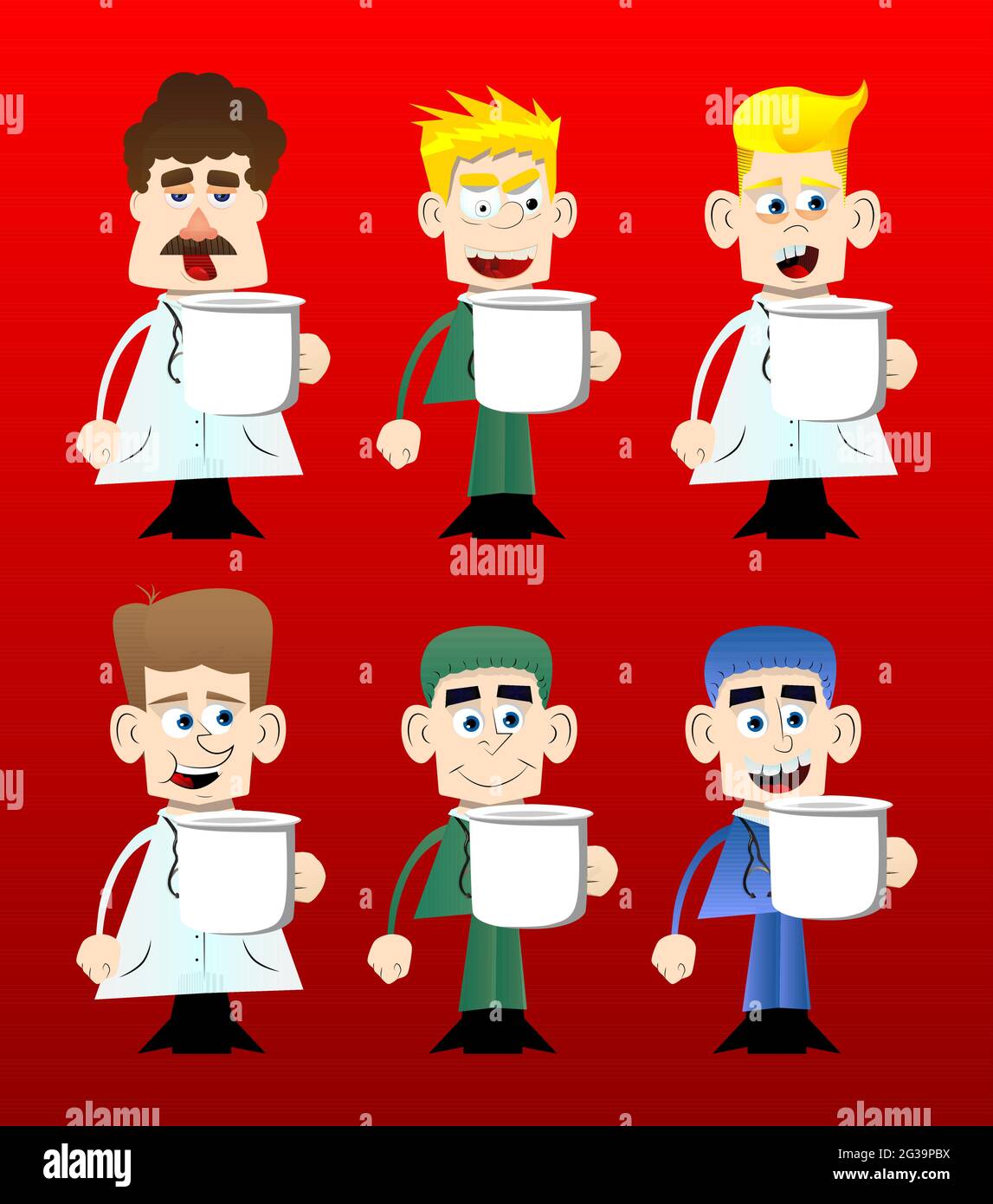 Funny cartoon doctor holding big mug. Vector illustration. Health care ...