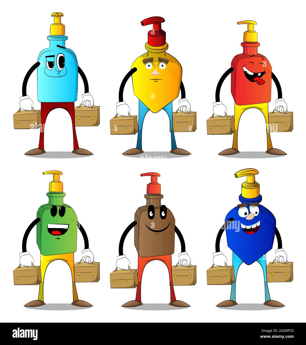 Cartoon bottle of hand sanitizer gel for hygiene with face with two ...