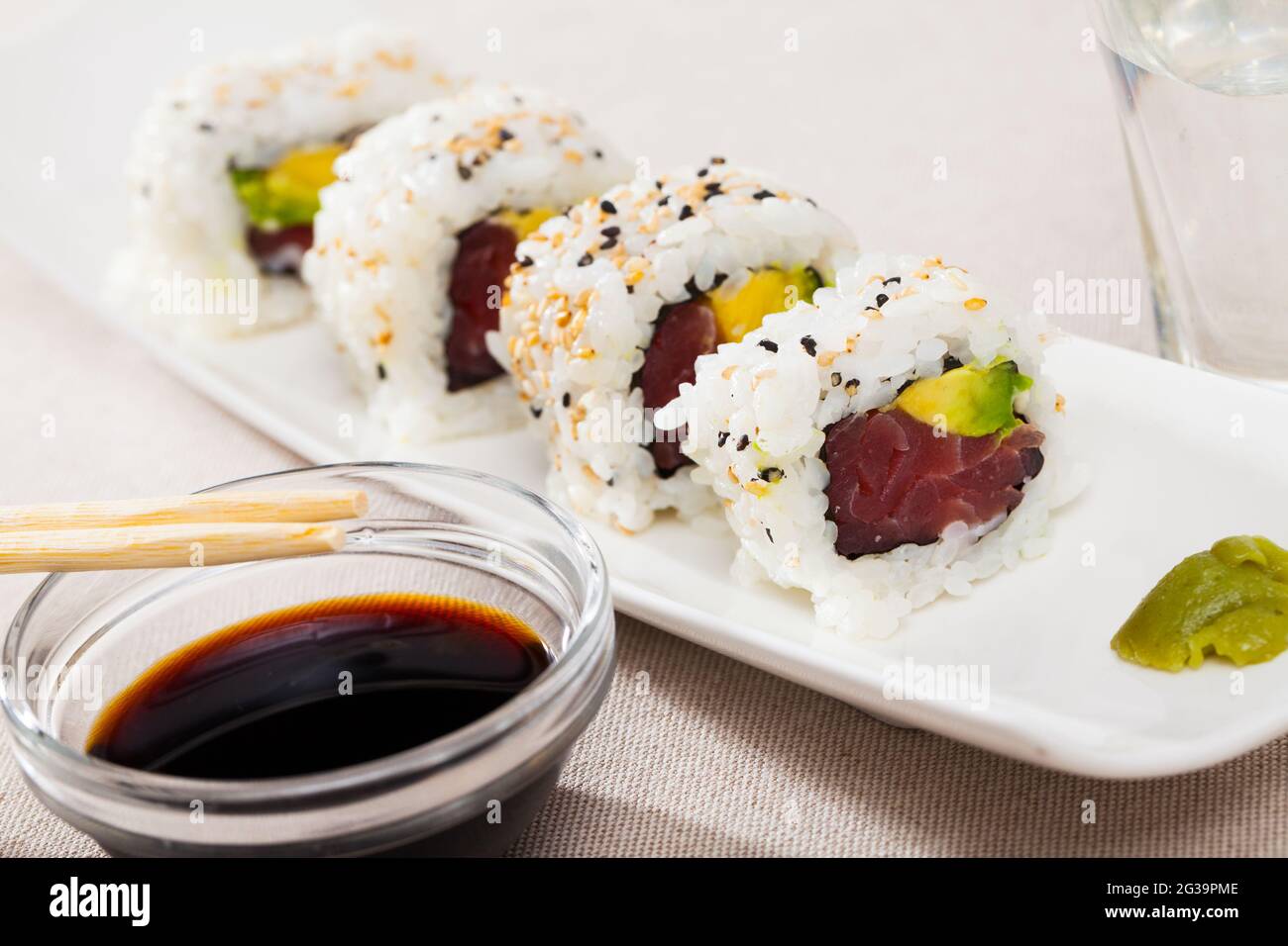 Delicious uramaki sushi from raw tuna fish and fresh avocado Stock ...