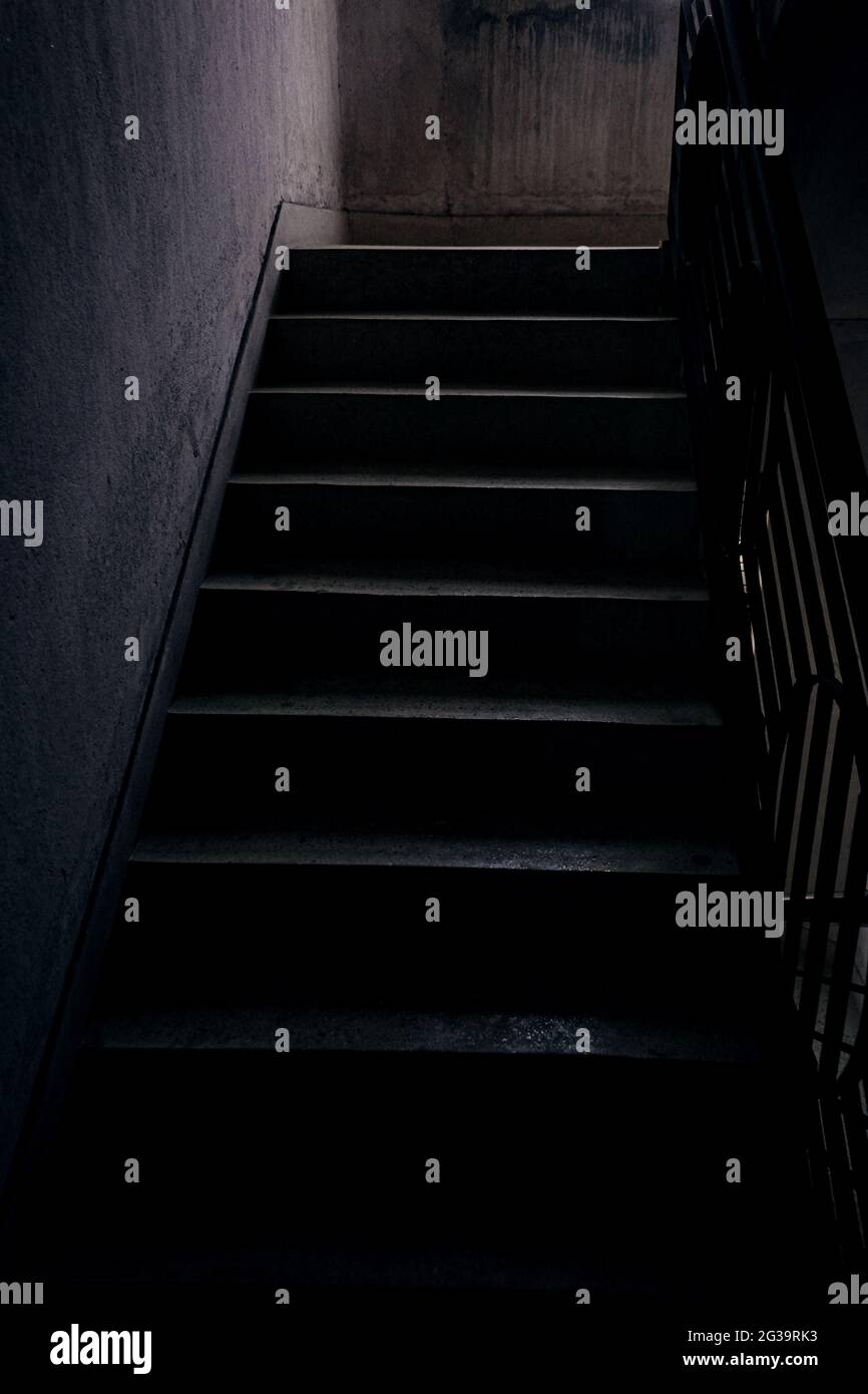 Vertical shot of a dark entrance interior with old stairs going ...