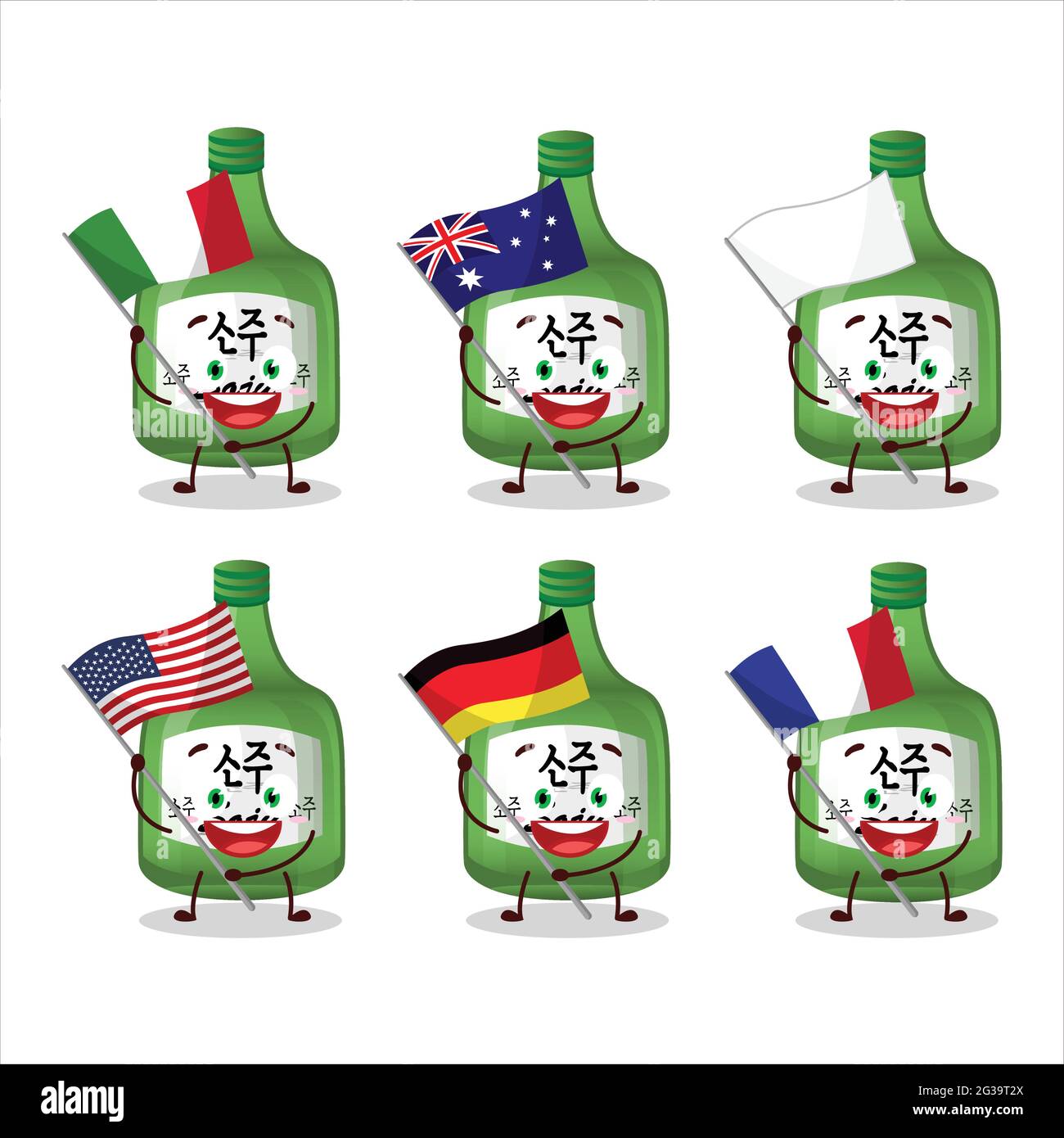 Soju cartoon character bring the flags of various countries. Vector ...