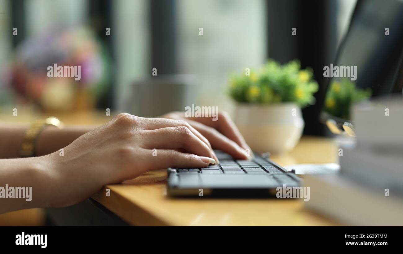 Side view of female hands typing on wireless keyboard on wooden bar in ...
