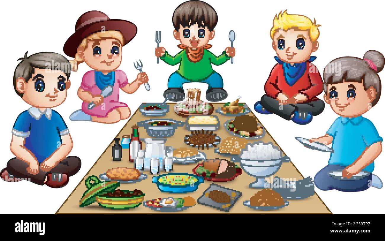 Cartoon Boy Eating Dinner With Family