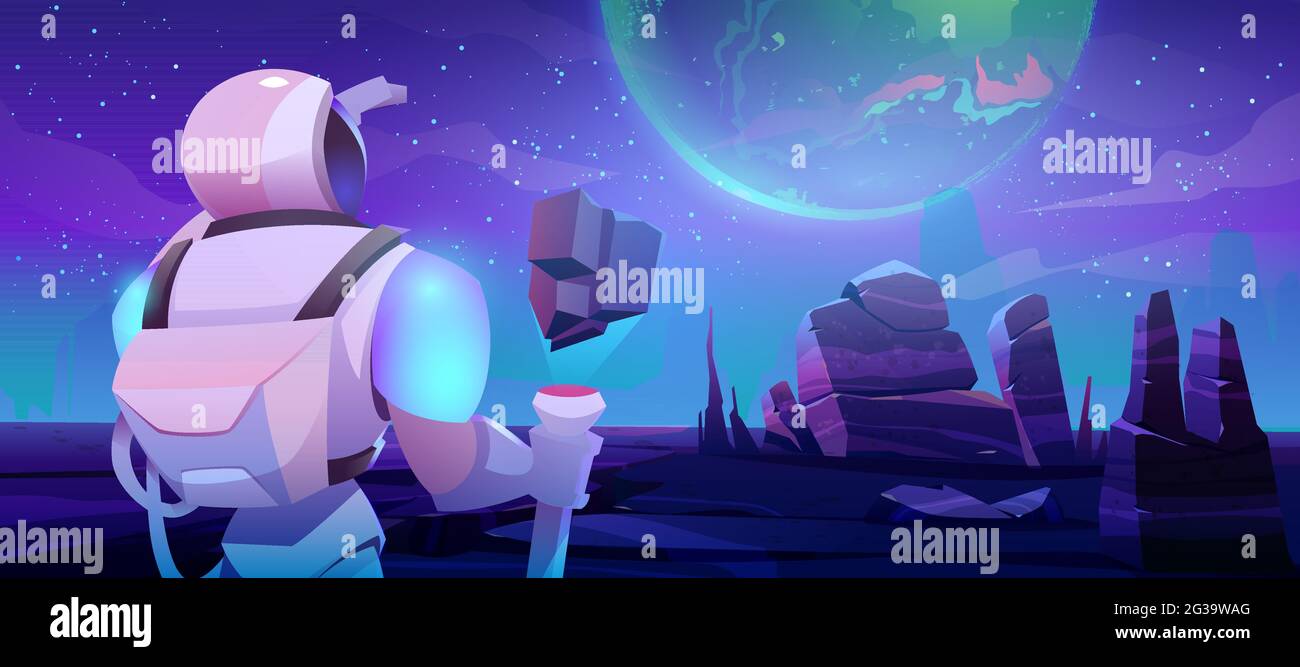 Astronaut looking on Earth from alien planet in far galaxy. Cosmonaut ...