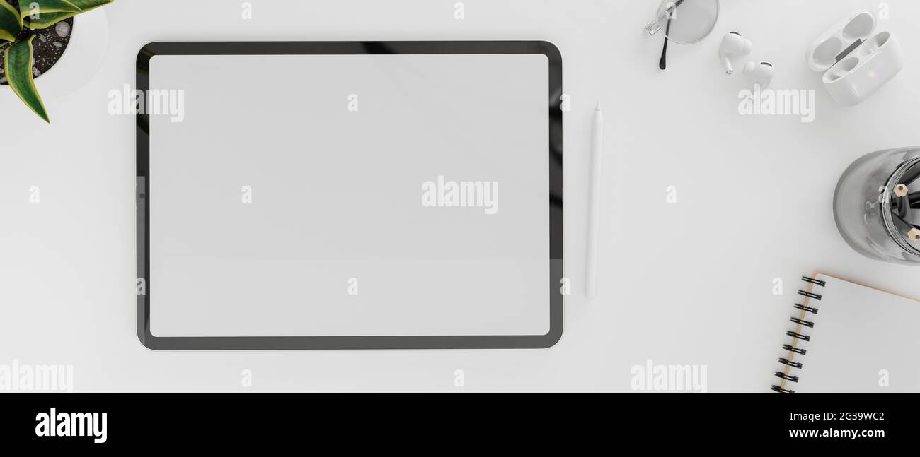 Top view of digital tablet with mock-up screen on white concept ...