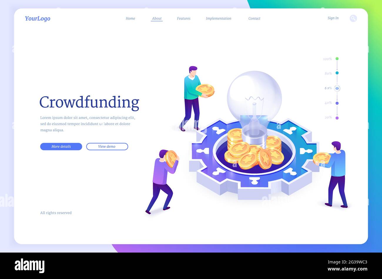 Crowdfunding isometric landing page. People donate money for idea ...