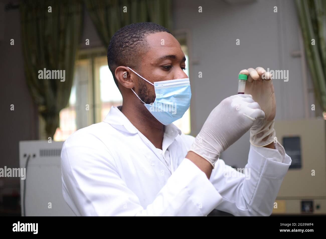 Scientist microbiologists with a uniform working with a test tube in a ...