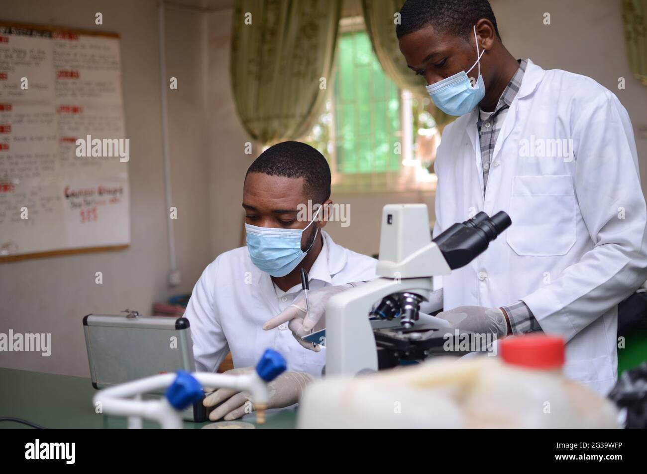 Scientist microbiologists with uniforms working with test tubes and a ...