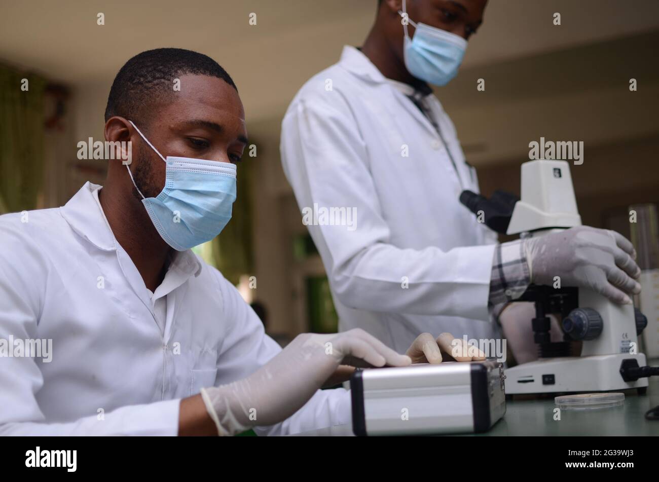 Scientist microbiologists with uniforms working with test tubes and a ...