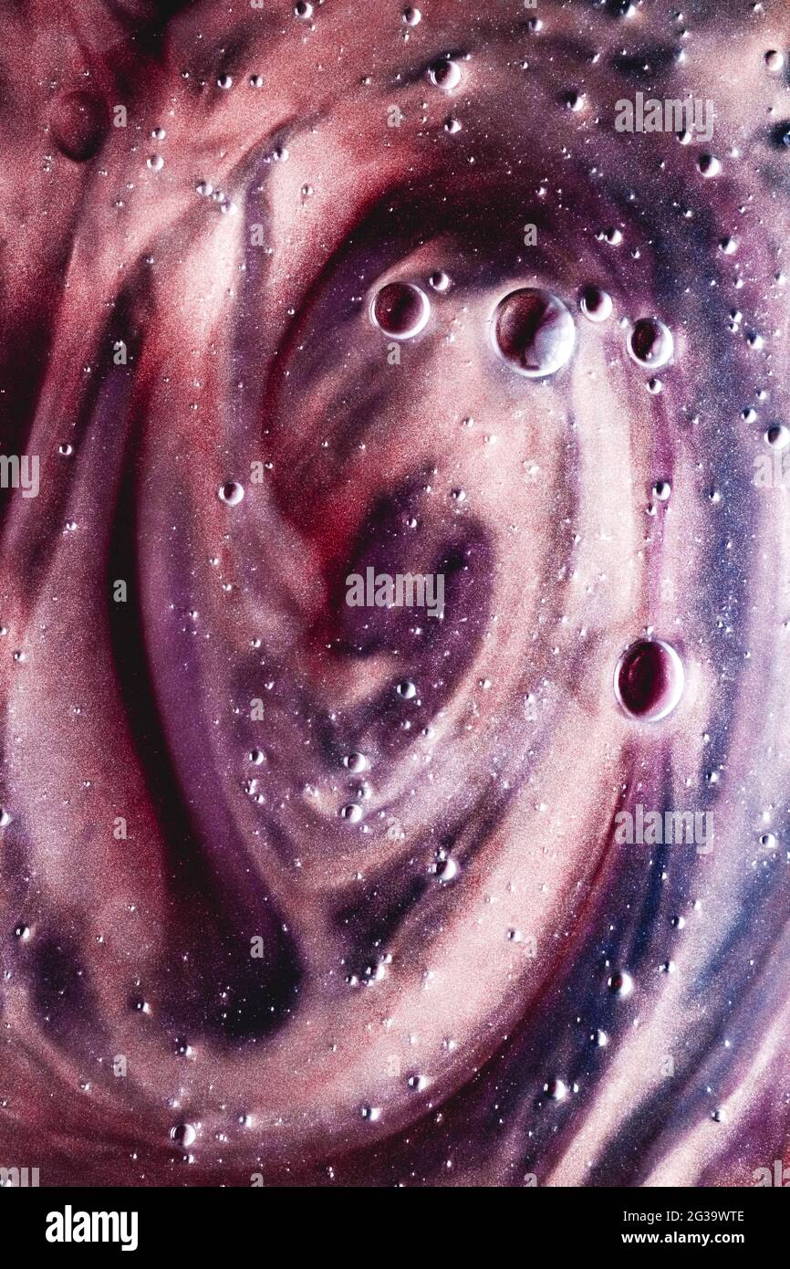 Abstract liquid background, paint splash, swirl pattern and water drops ...