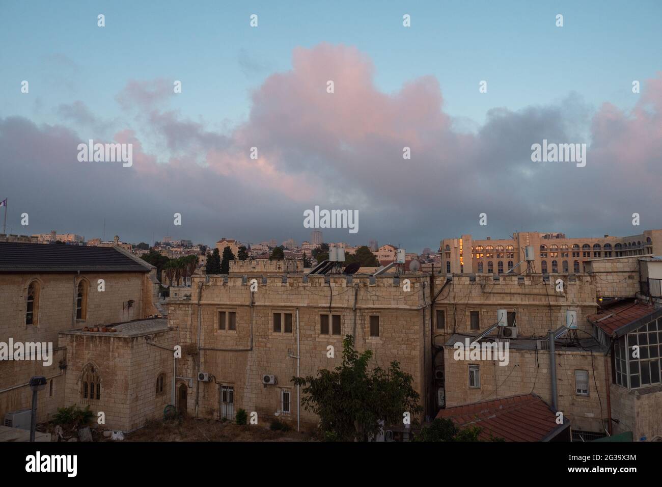 Early morning in the Jerusalem. Sunrise time. City view. Old buildings ...