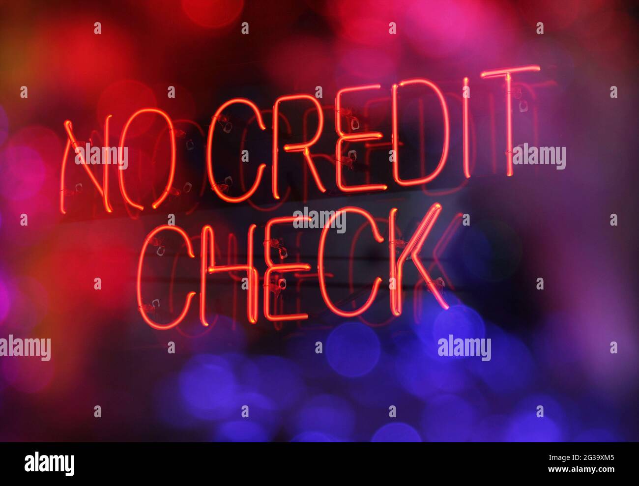 Neon Sign No Credit Check. Real Photo with Bokeh Stock Photo - Alamy