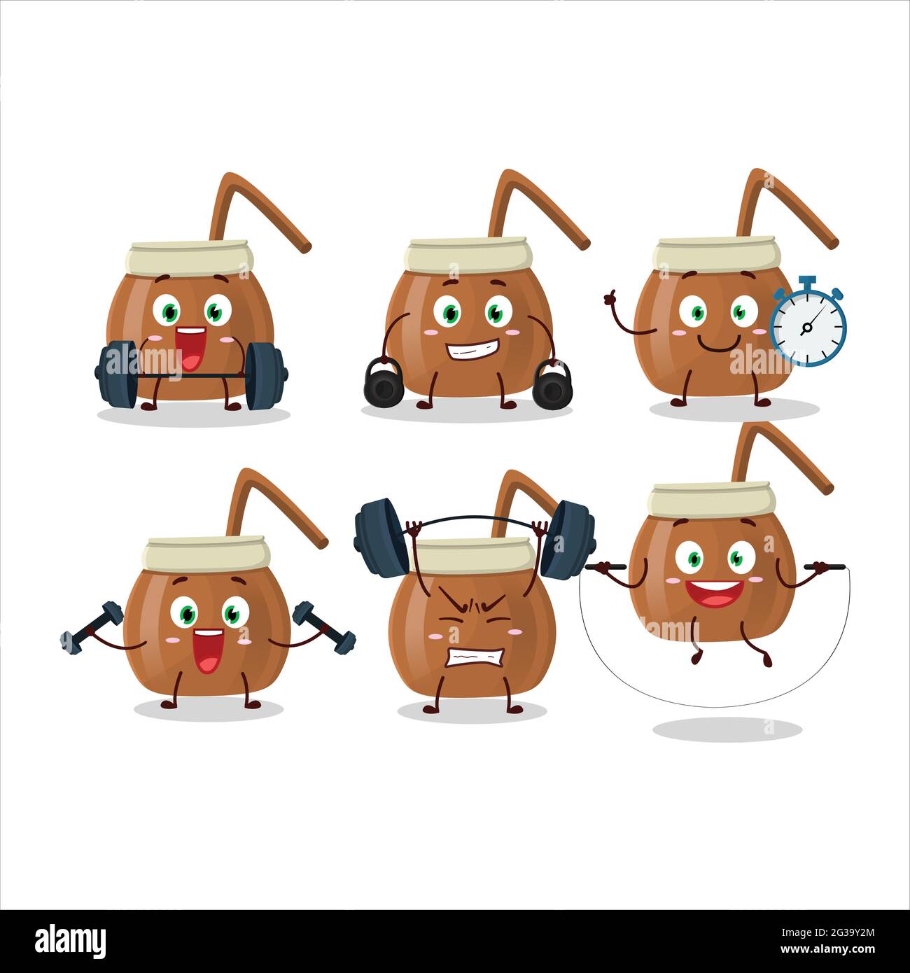 A healthy mate tea cartoon style trying some tools on Fitness center ...