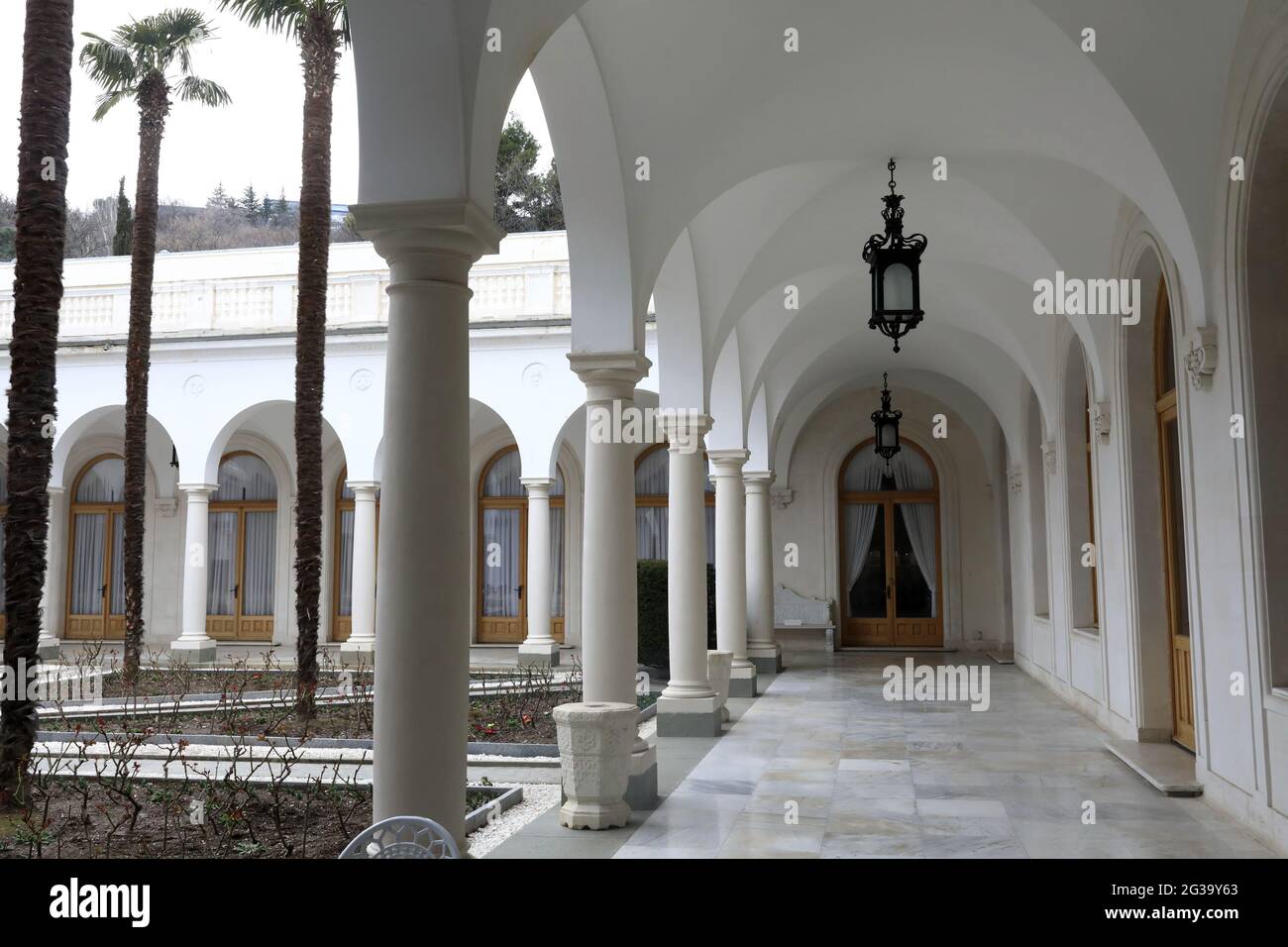 View of courtyard with columns of Livadia Palace, Crimea Stock Photo ...