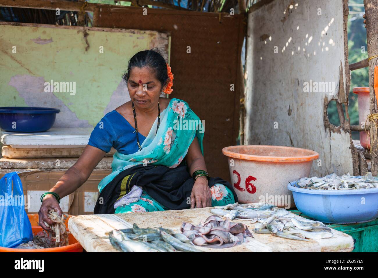 Indian female fishmonger selling fish in the marketplace, Agonda, Goa ...