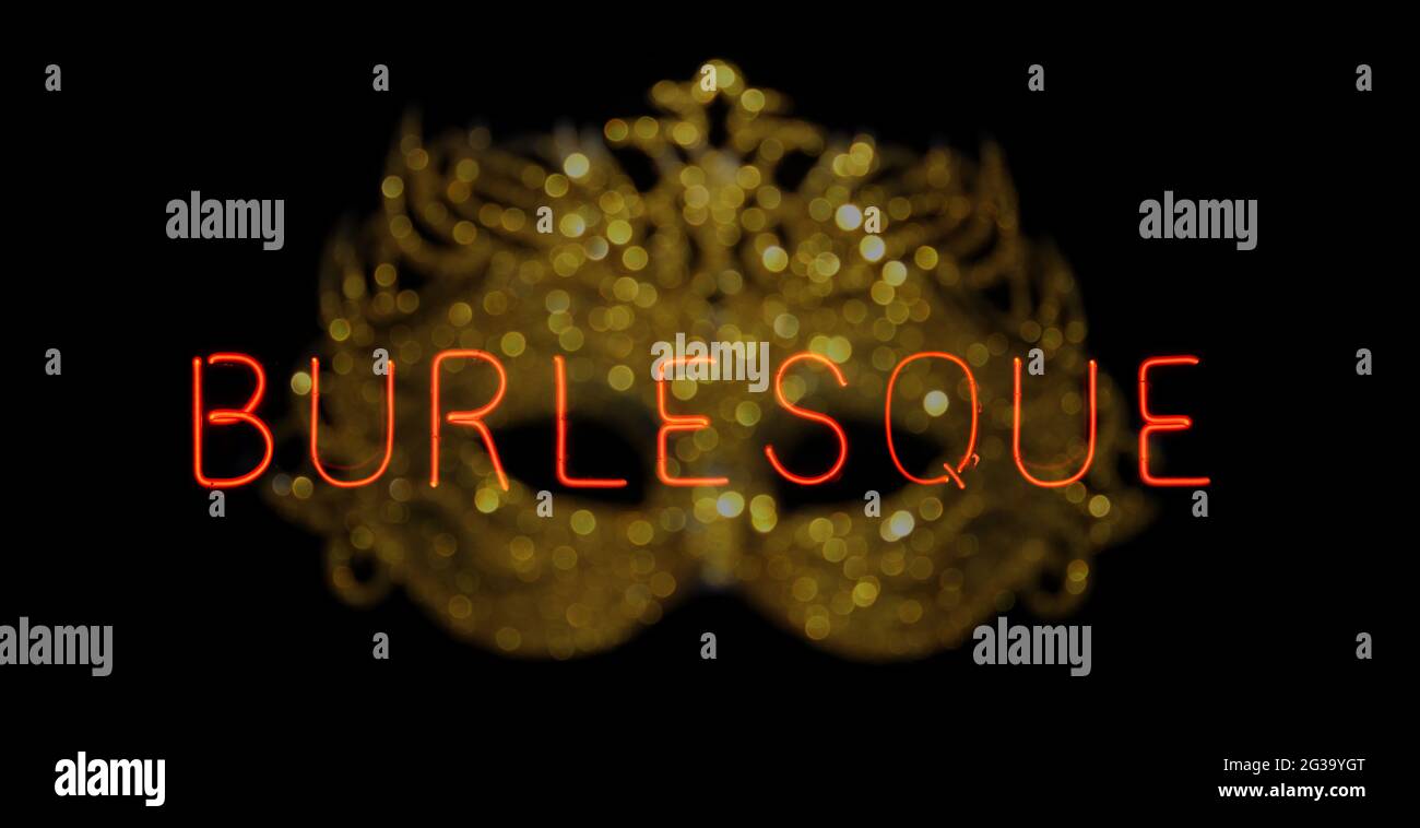 Vintage Neon Burlesque Sign With Bokeh Carnival Mask Stock Photo - Alamy