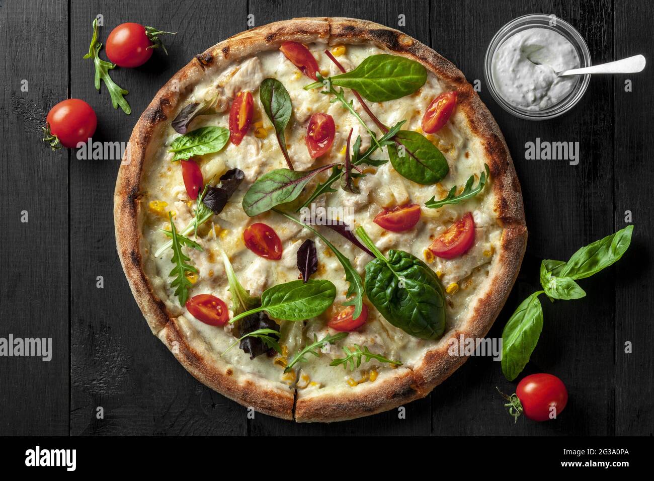 Top view of Hawaiian pizza with chicken, pineapple and corn Stock Photo ...