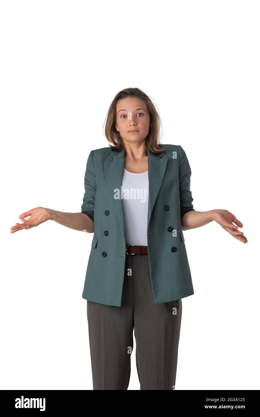 Portrait of confused clueless fruastrated business woman shrug hands ...