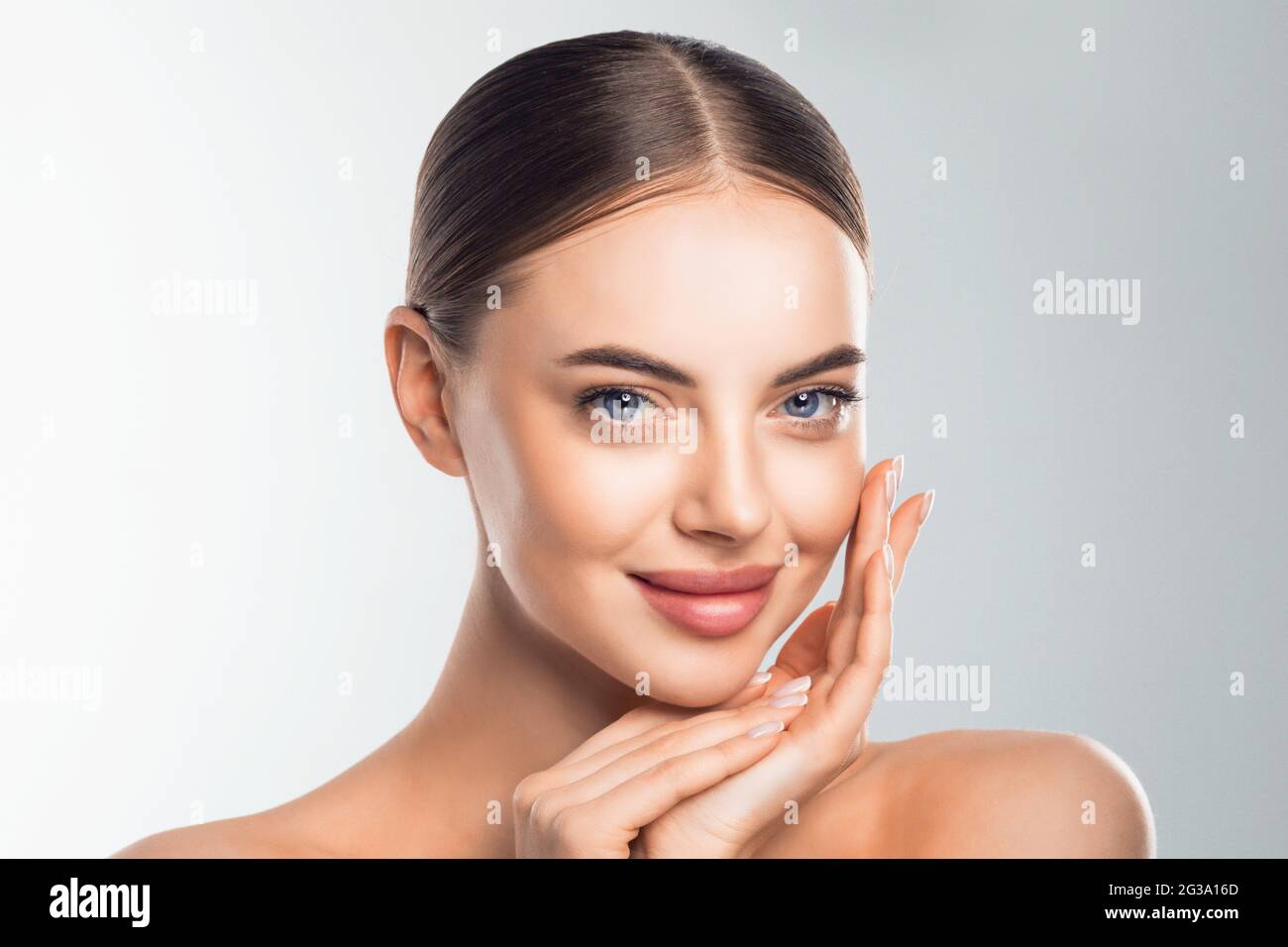 Beauty model girl face portrait . Beautiful woman touching face enjoy ...