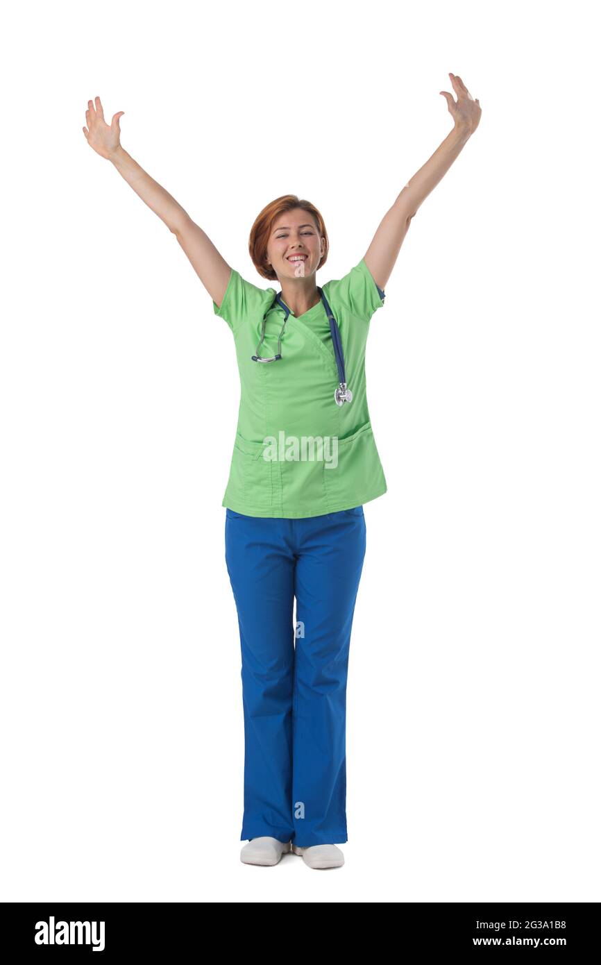 Young female medical nurse healthcare worker with raised arms isolated ...