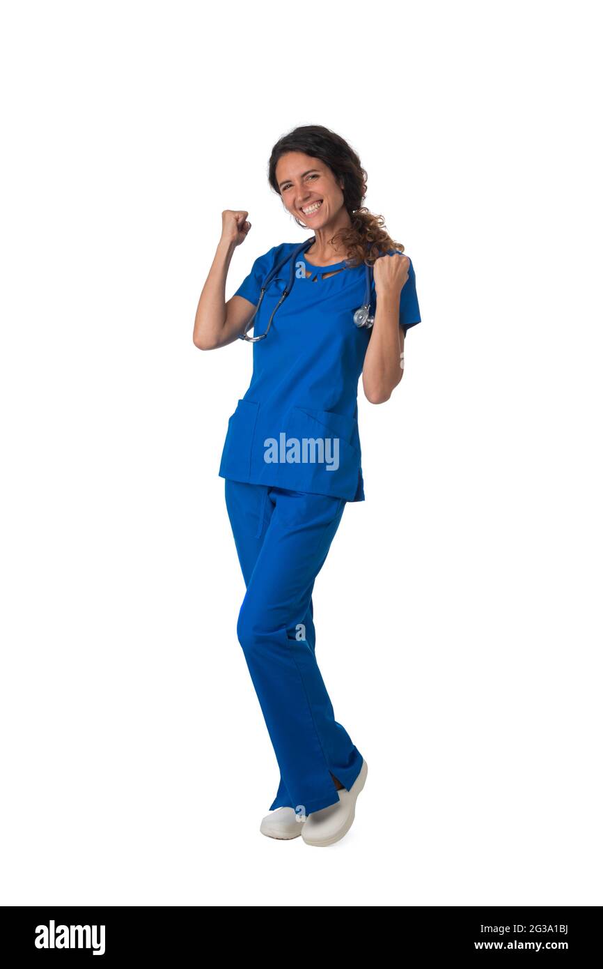 Young female medical nurse healthcare worker holding fists up isolated ...